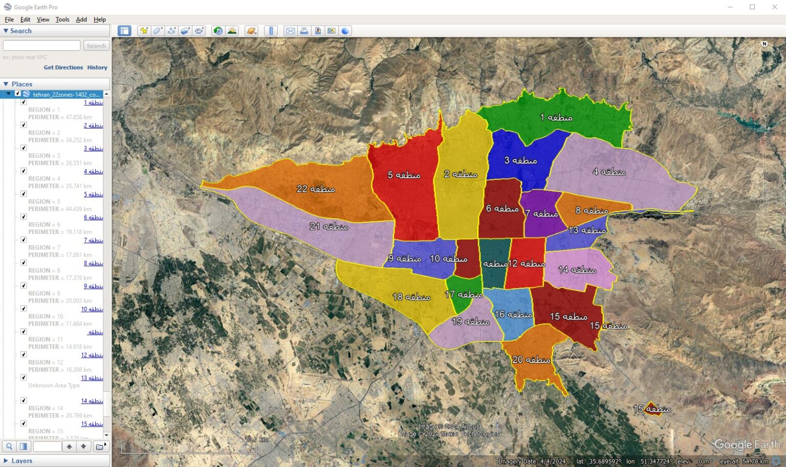 فایل kmz مناطق 22 گانه تهران - دانشنامه نقشه‌ای ایران: دانا